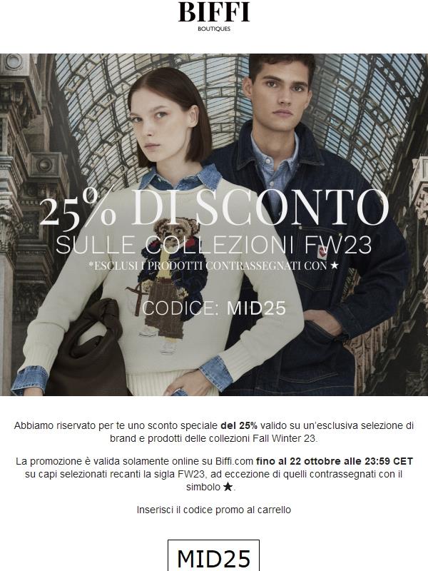 biffi.com: Mid Season Promo | 25% di sconto sulle collezioni FW23 | Jekoo