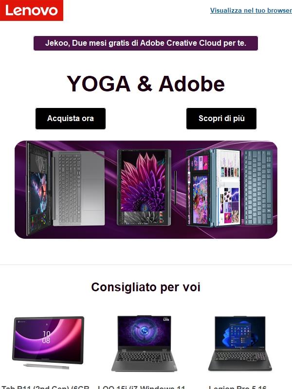 Lenovo: Jekoo, Acquista ora il tuo nuovo Yoga e ottieni gratis 2 mesi di Adobe Creative Cloud ...