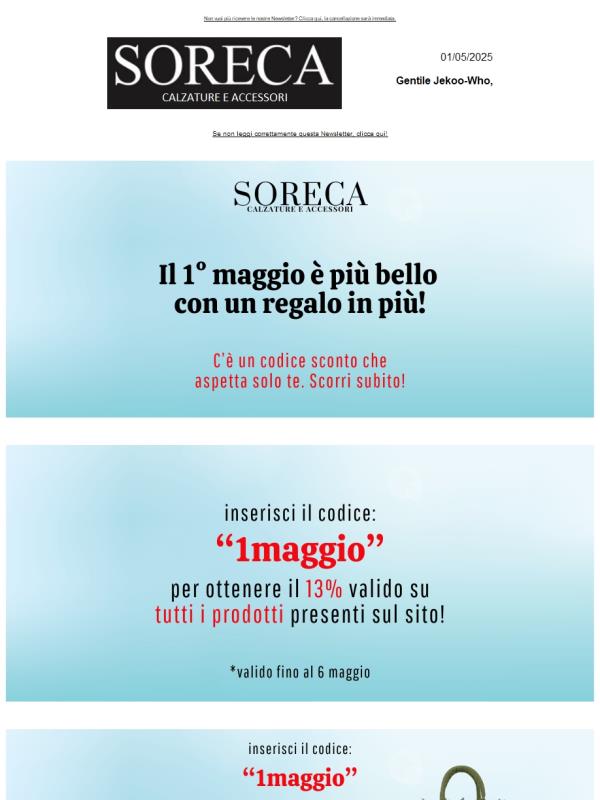 Soreca: CODICE SCONTO 1MAGGIO | Jekoo